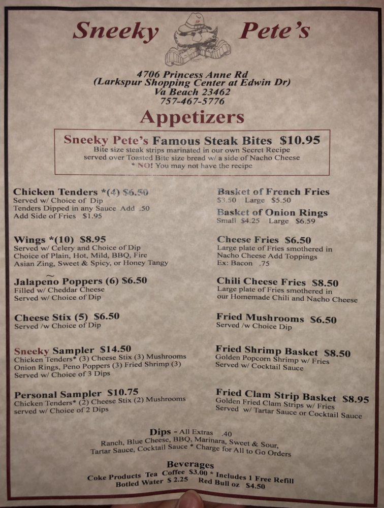 Menu at Sneeky Pete's pub & bar, Virginia Beach