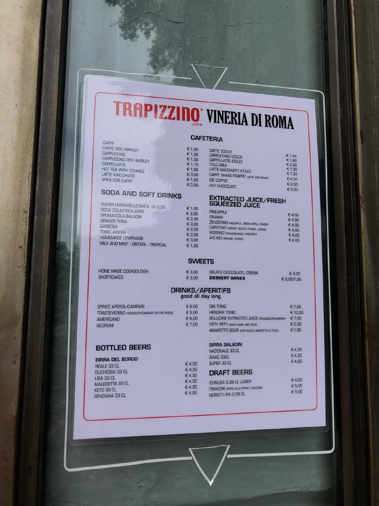 Menu at Trapizzino Trastevere pizzeria, Rome, Piazza Trilussa