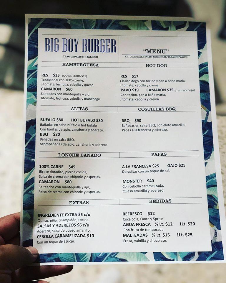 Menu at Big Boy Burger restaurant, Tlaquepaque