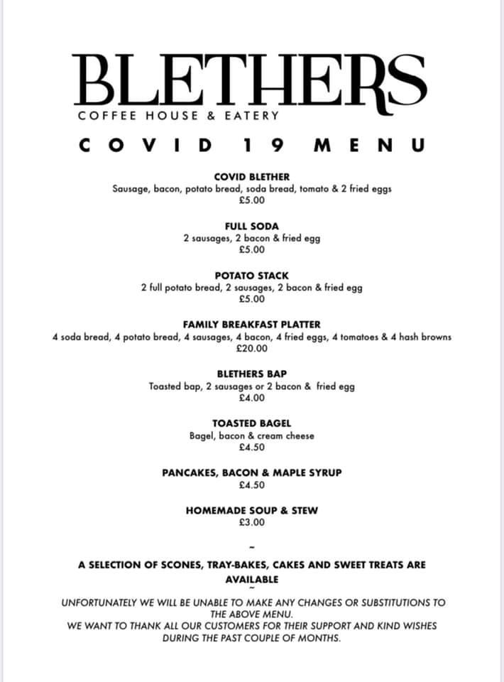 Menu at Blethers cafe, Belfast