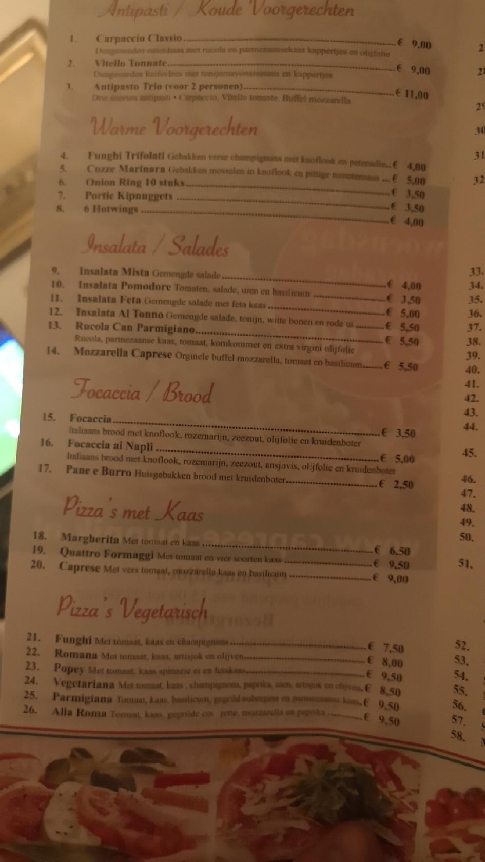 Menu at Caprese, Bunnik