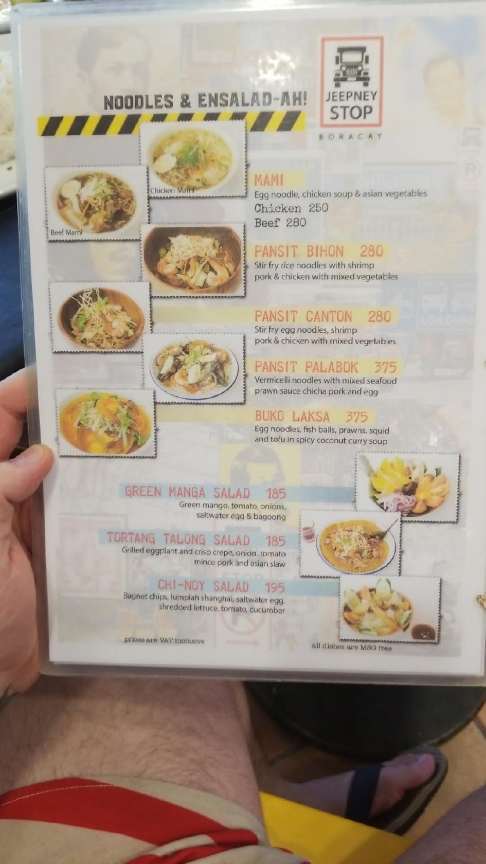 Menu at Jeepney Stop Boracay restaurant, Malay