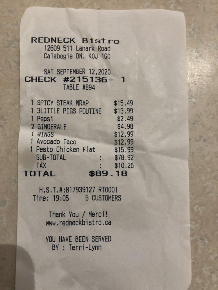 Carta del restaurante Redneck Bistro, Calabogie