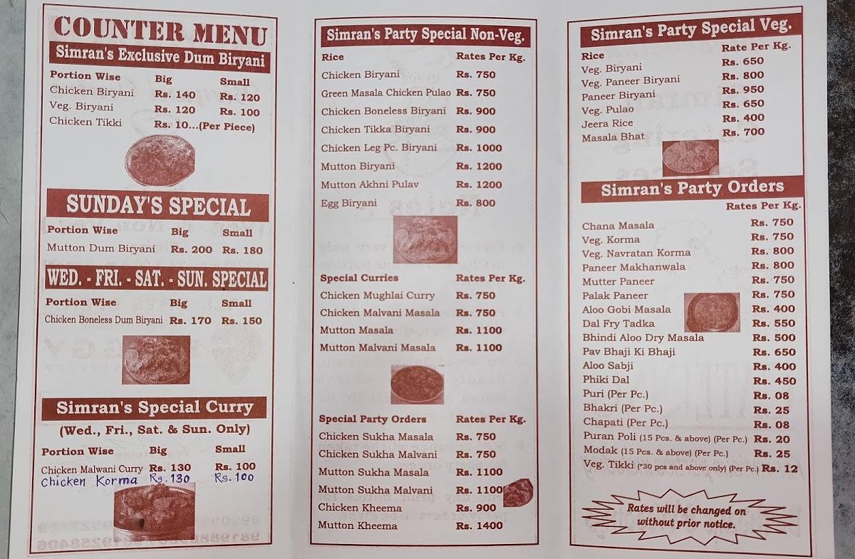 Menu at Simran Biryani, Mumbai, Shop No.1