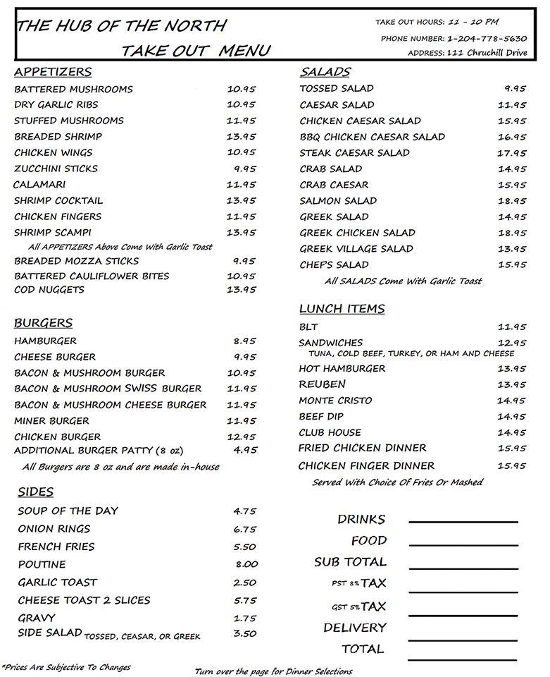 Menu at Hub Of The North Restaurant, Thompson
