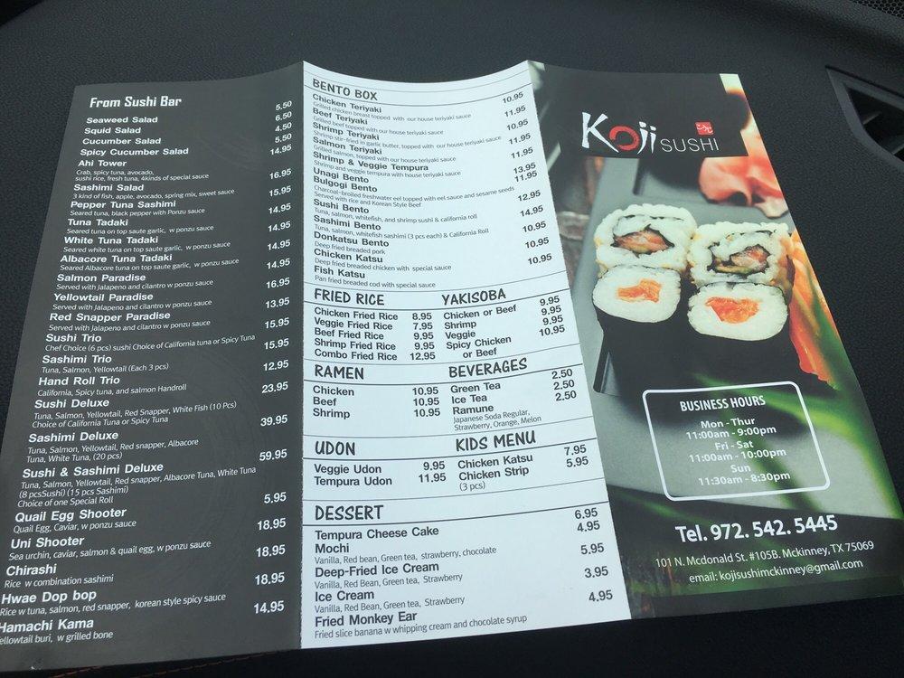 Menu at Koji Sushi restaurant, McKinney, 101 N McDonald St
