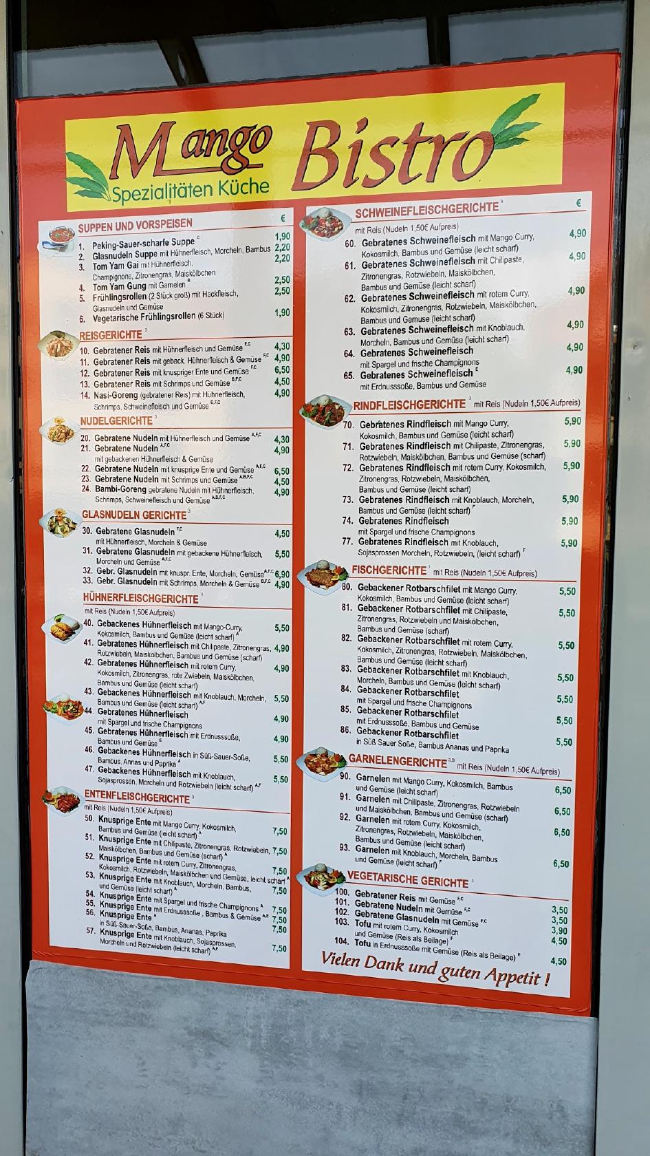 Menu at Mango Bistro restaurant, Dresden