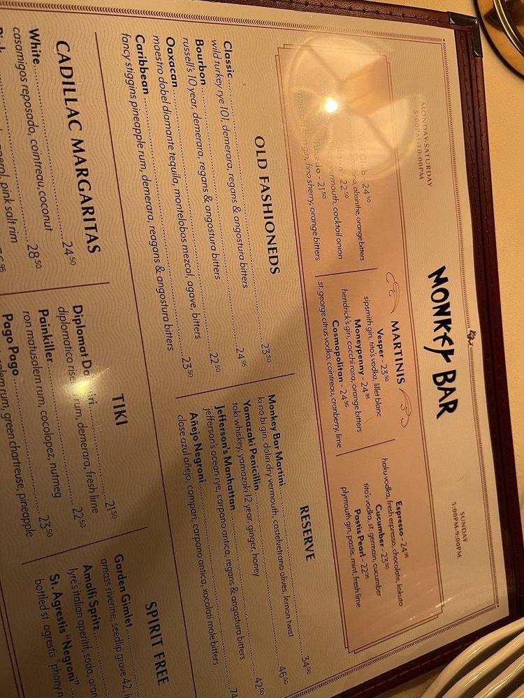 Menu at Monkey Bar, West New York