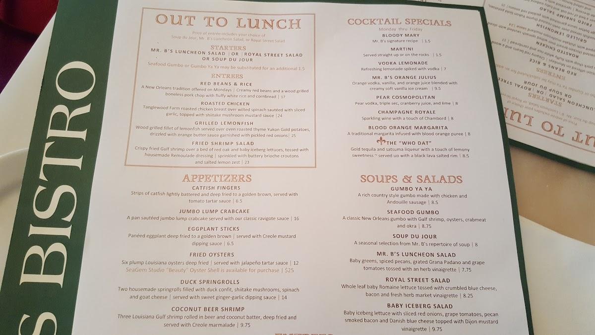 Menu at Mr. B's Bistro pub & bar, New Orleans