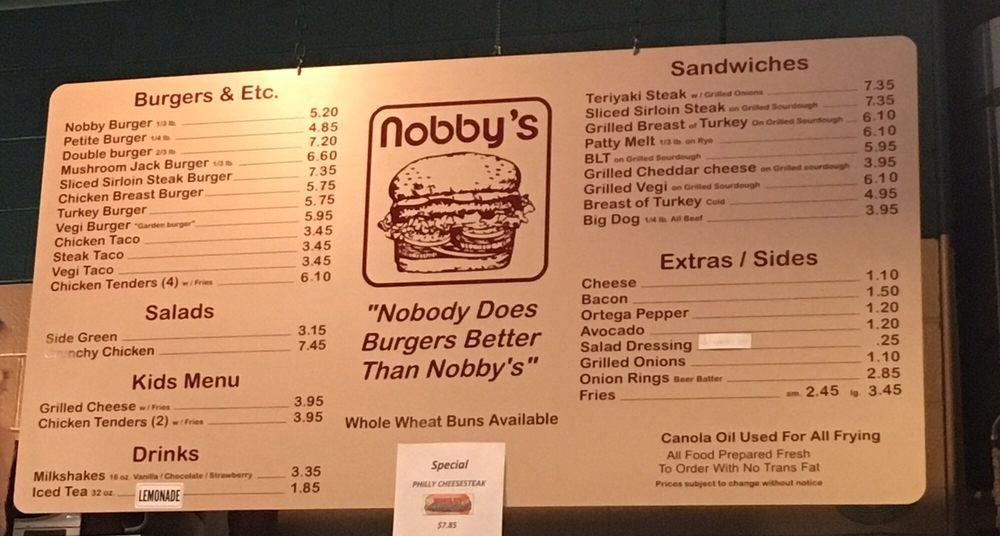 Menu at Nobby's restaurant, Chico