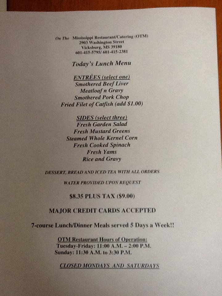 Menu at Mississippi Restaurant and Catering, Vicksburg