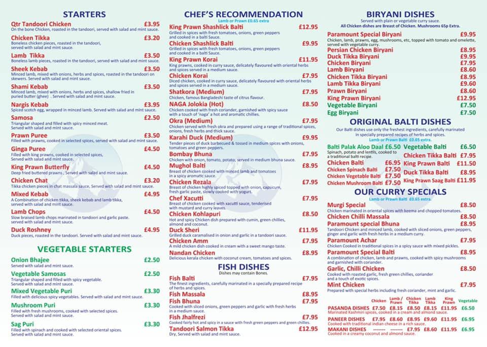 Menu at Paramount restaurant, Penarth