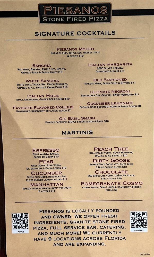 Menu at Piesanos Stone Fired Pizza pizzeria, The Villages