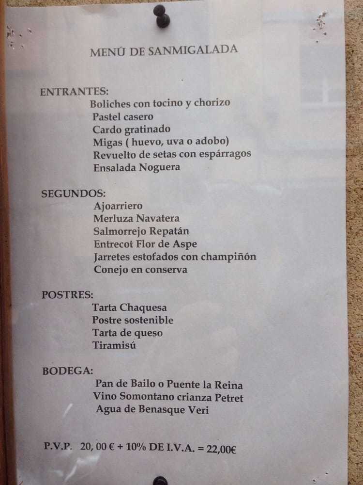 Carta de Restaurante La Cadiera, Jaca