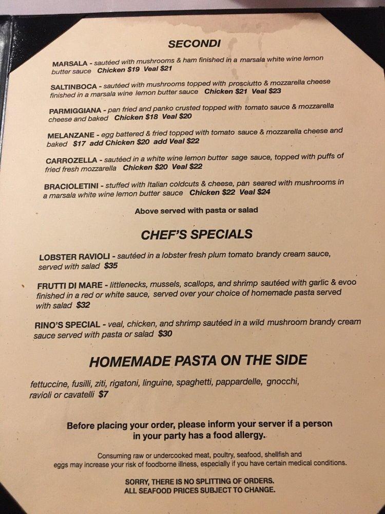 Menu at Rino's Place restaurant, Boston