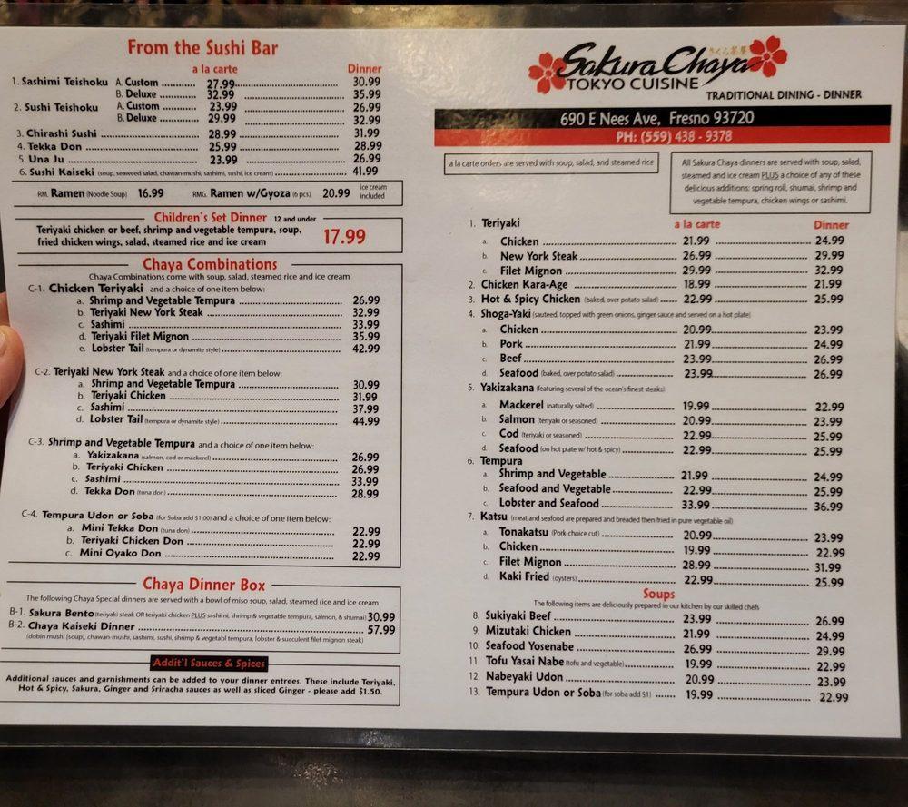 Menu at Sakura Chaya restaurant, Fresno