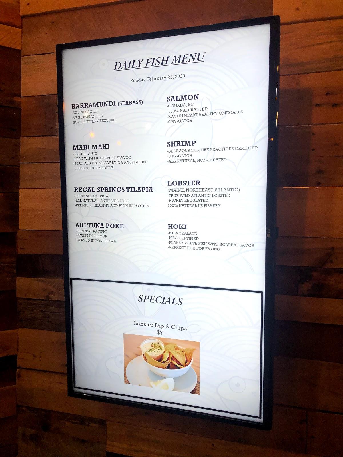 Menu at Slapfish restaurant, Noblesville