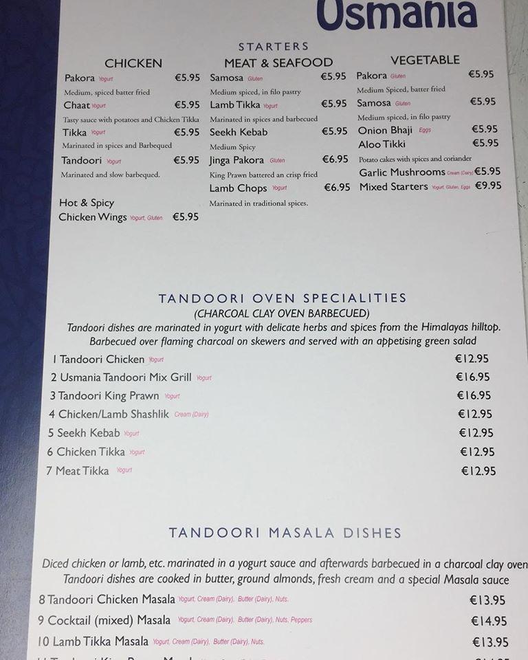 Menu at Usmania Indian Restaurant, Killarney