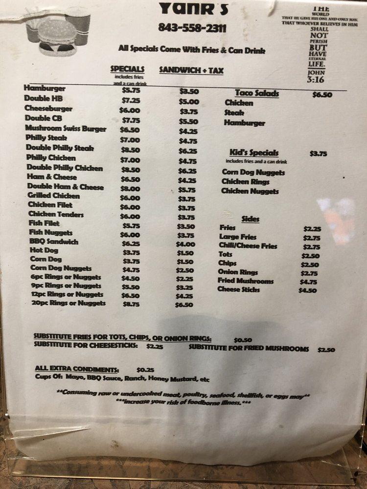 Menu at Yanks restaurant, Hemingway