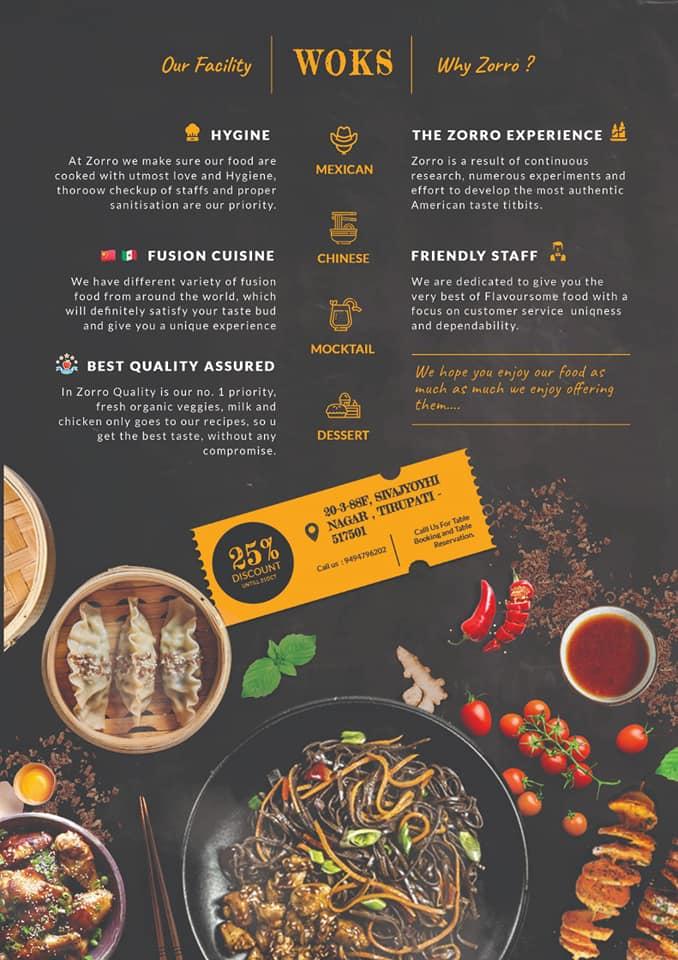 Menu at ZORRO, Tirupati