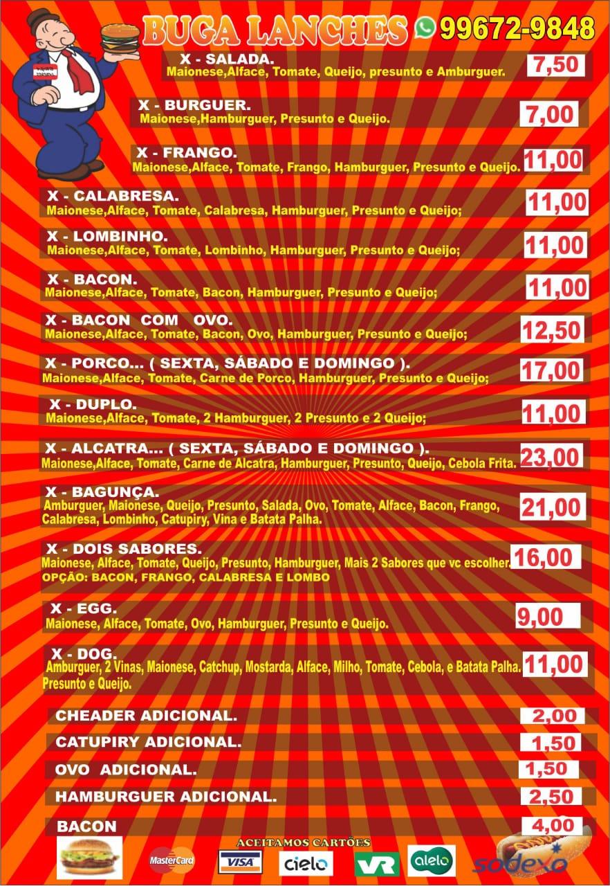 Menu at Buga Lanches, Almirante Tamandaré