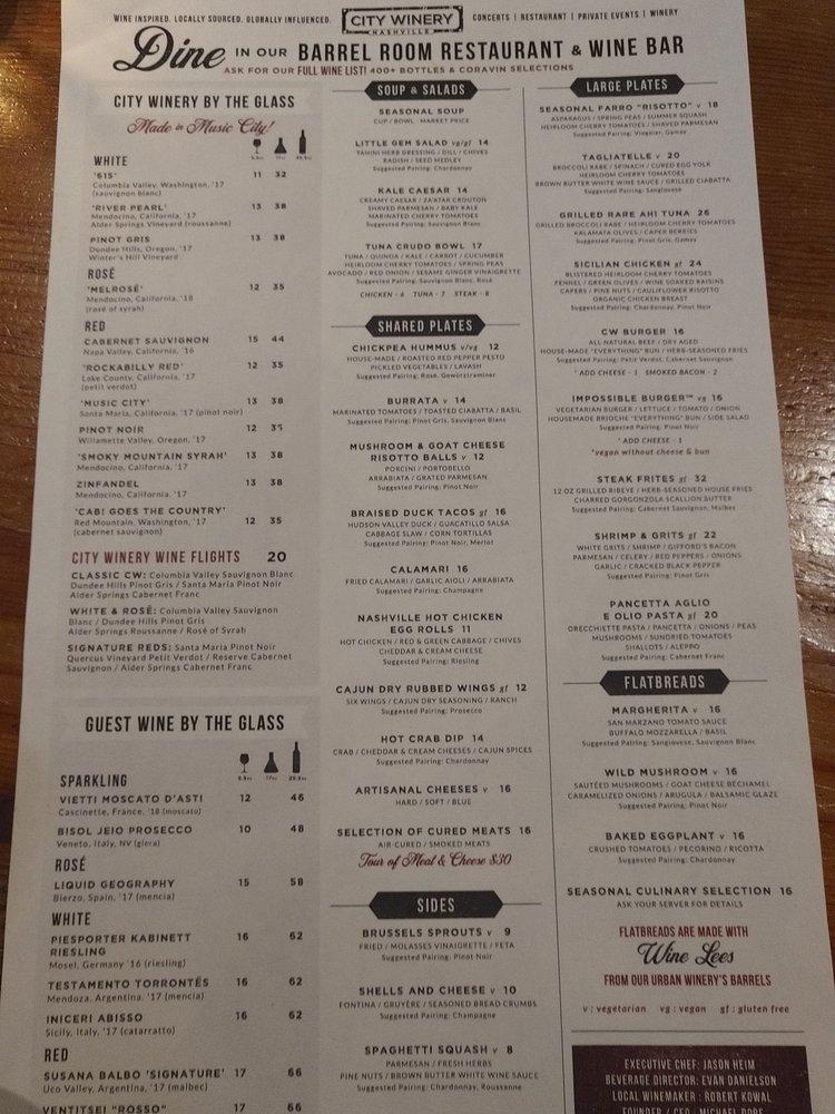 Menu at City Winery Nashville pub & bar, Nashville