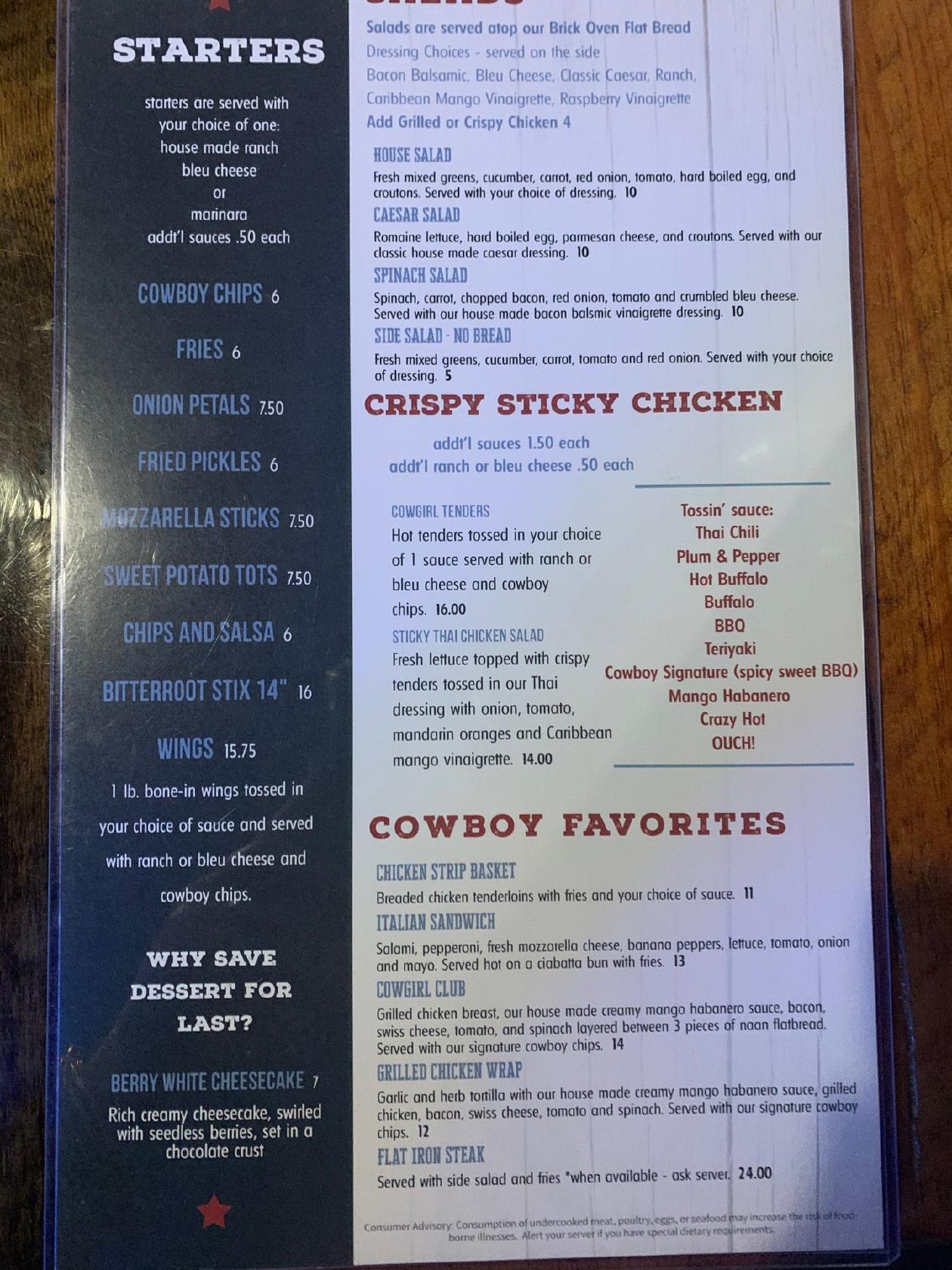 Menu at Cowboy Troy's pub & bar, Victor