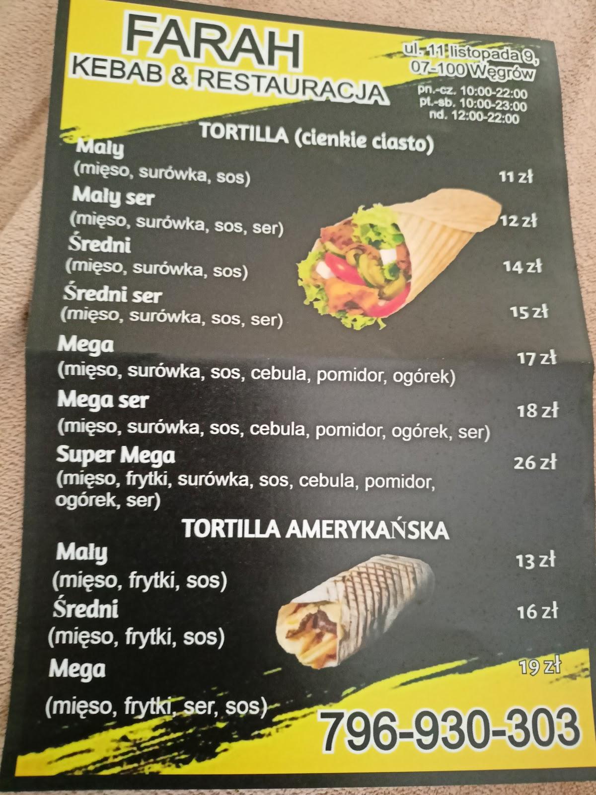 Menu at FARAH KEBAB & RESTAURANT, Wegrow
