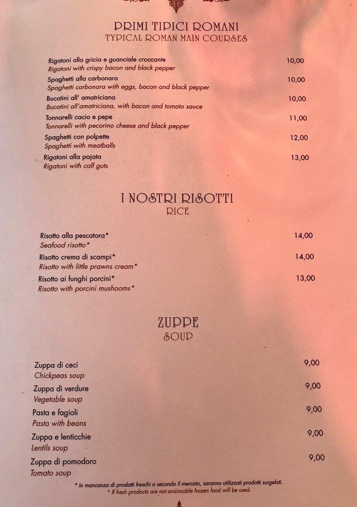 Menu at Forno Campo de 'Fiori pizzeria, Rome