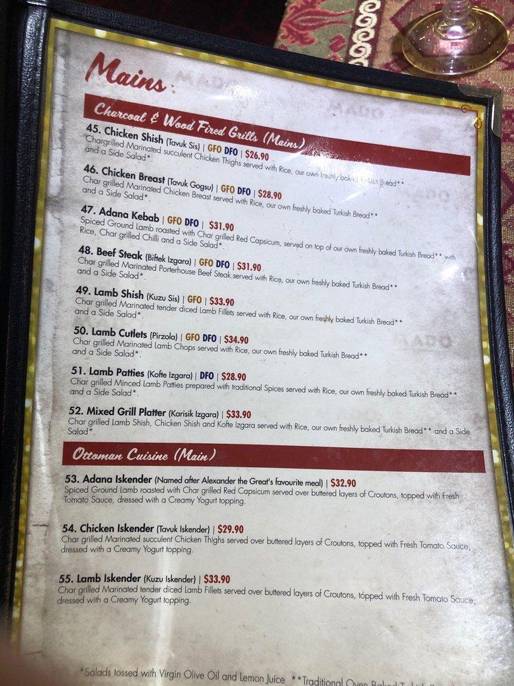 Menu at Mado Turkish Restaurant, South Brisbane