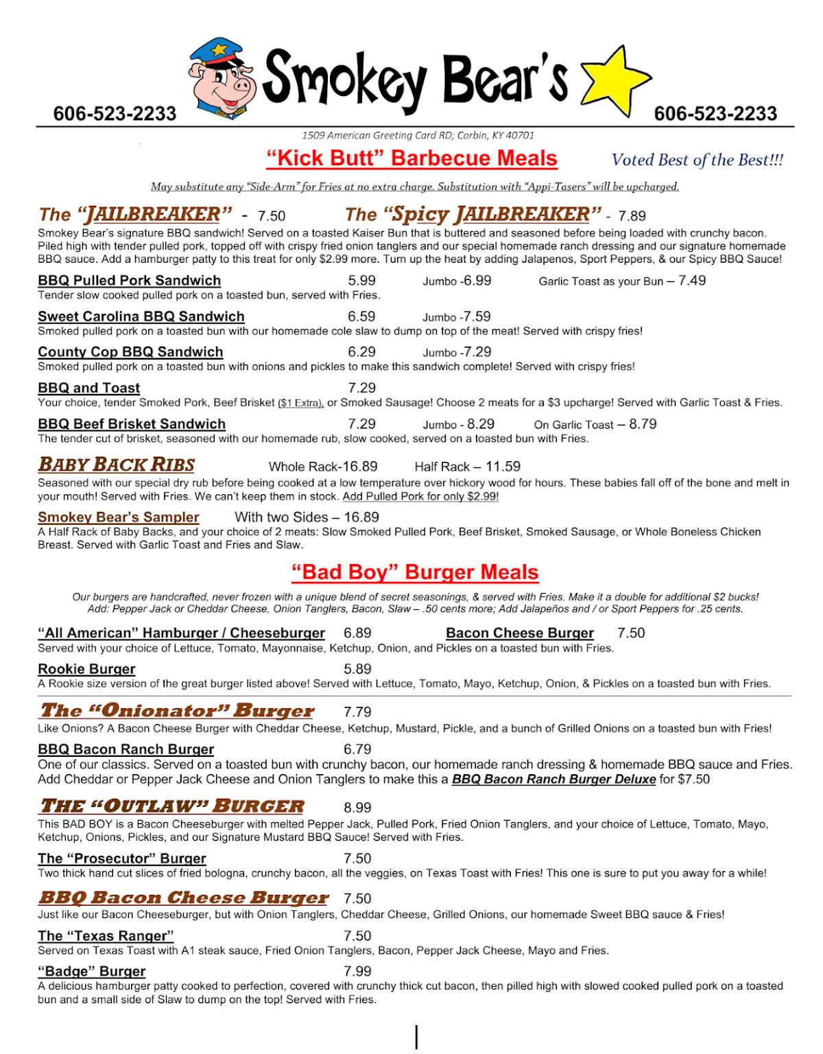 Menu at Smokey Bear's BBQ & Grill, Corbin