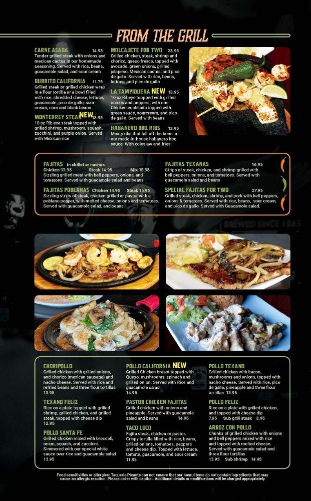 Menu at Taqueria Picante Mexican Kitchen & Grill restaurant, Anderson ...