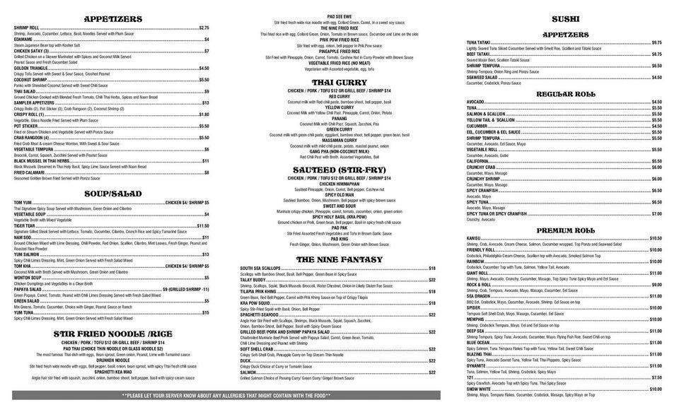 Menu at The Nine Thai Sushi restaurant, Memphis