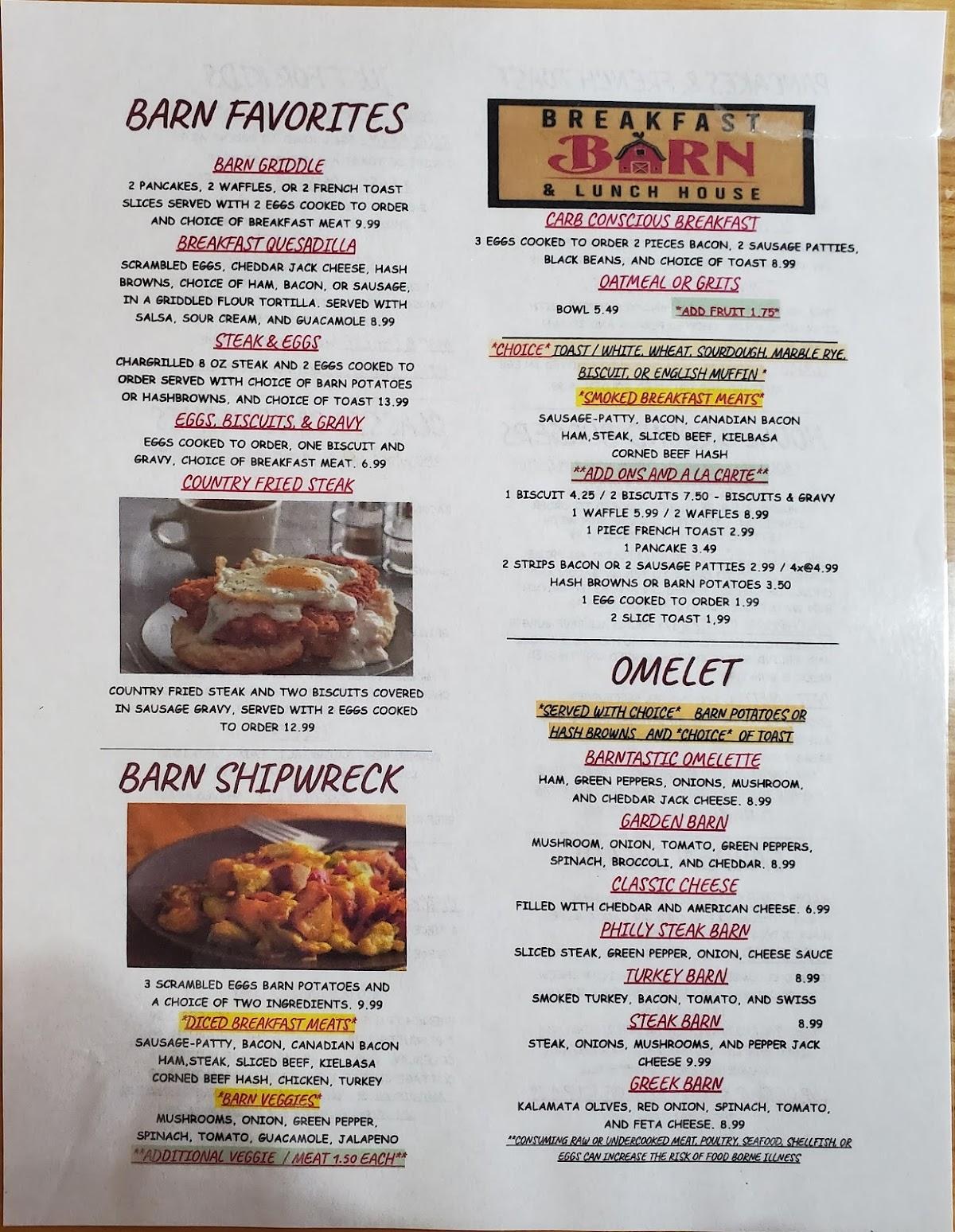 Carta de Breakfast Barn and Lunch House, Cedar Rapids