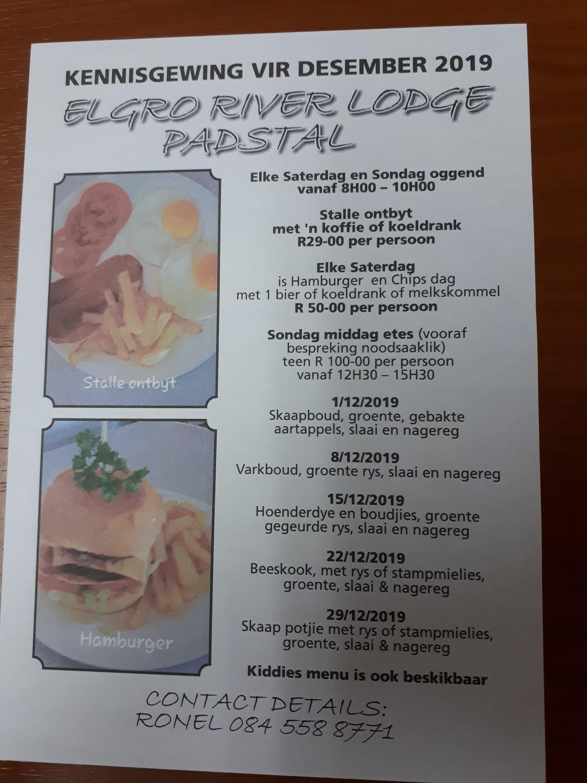 Speisekarte von Elgro River Lodge Padstal restaurant, Südafrika