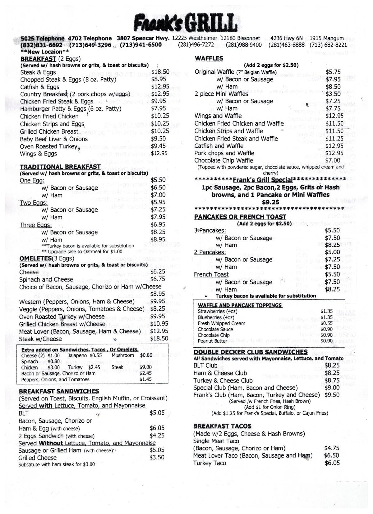 Menu at Frank's Grill restaurant, Houston, Telephone Rd # 100