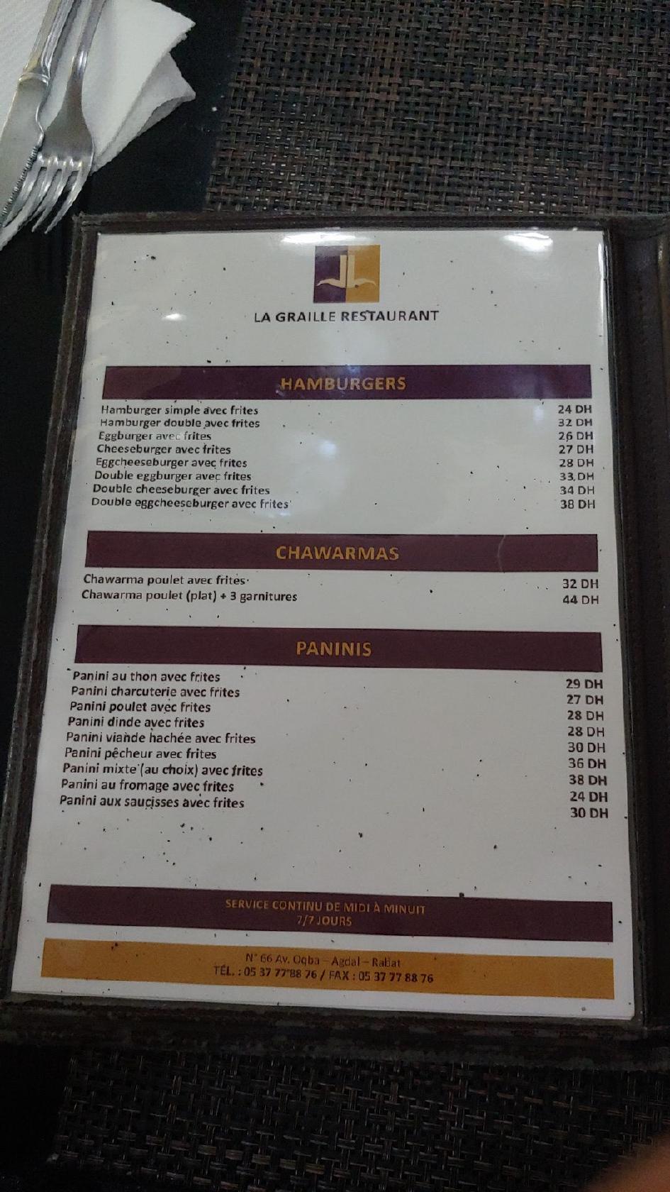Menu at La Graille restaurant, Rabat