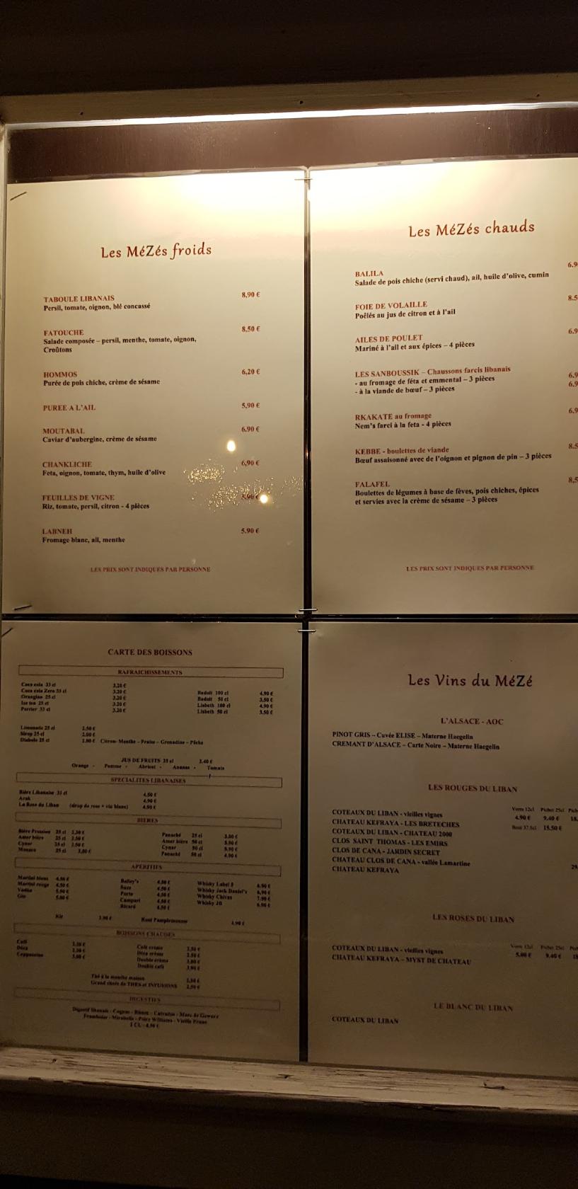 Menu at Le Mezé restaurant, Thann