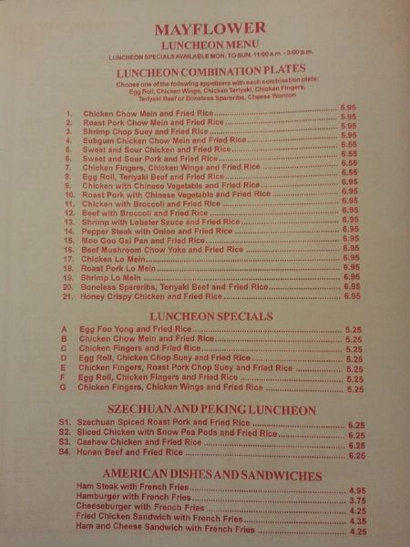 Menu at Mayflower restaurant, Paris