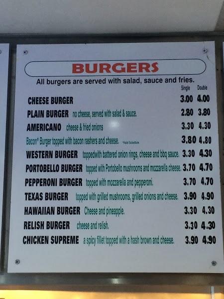 Menu at Oasis Burger Bar, Bradford, 114 Morley St