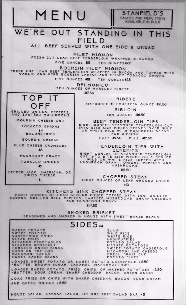 Menu at Stanfield’s Eatery steakhouse, Sheffield, Hatch Blvd