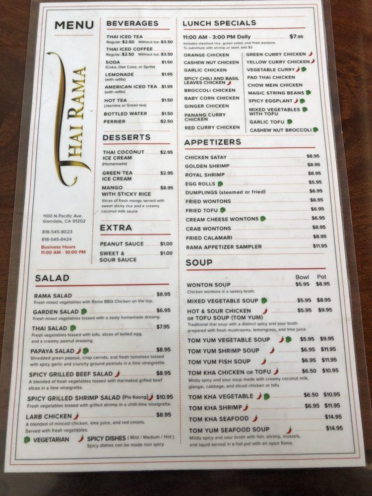 Menu at Thai Rama restaurant, Glendale, N Pacific Ave