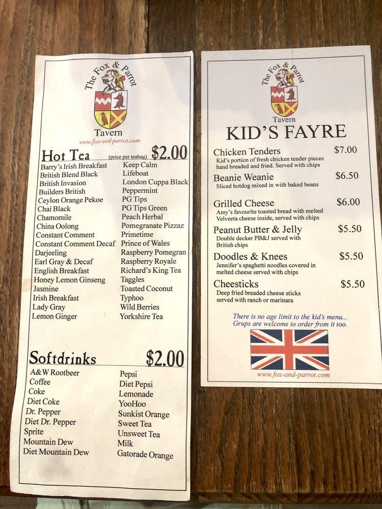 Menu at The Fox & Parrot Tavern pub & bar, Gatlinburg