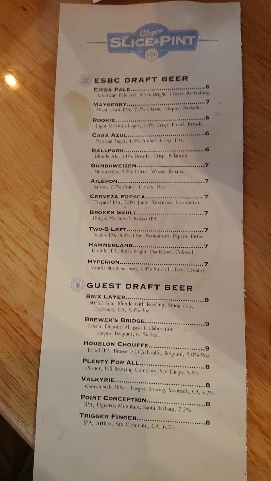 Menu at The Slice & Pint pizzeria, El Segundo