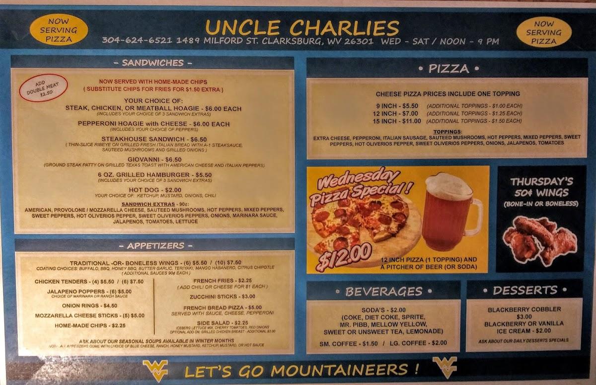 Menu at Uncle Charlies pub & bar, Clarksburg