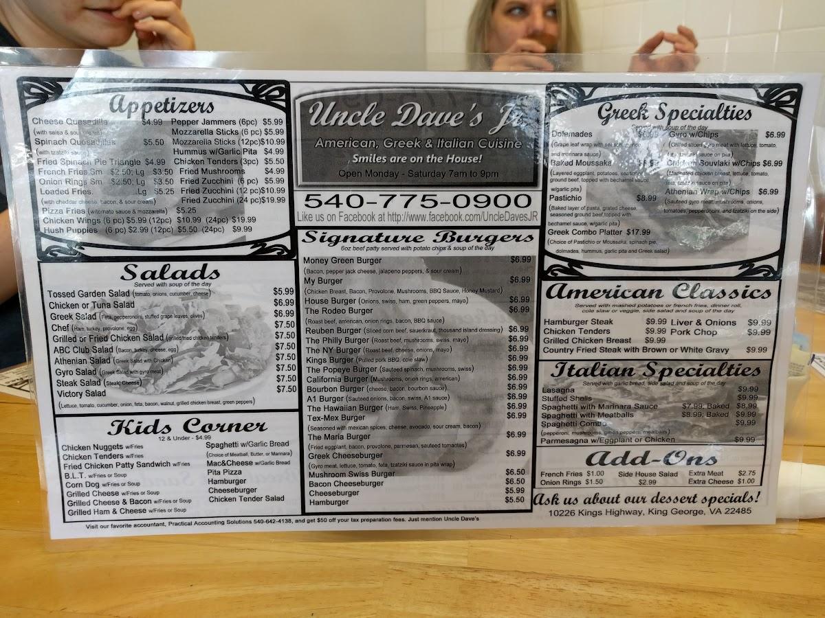 Menu at Uncle Dave's Jr. restaurant, King George, Kings Hwy