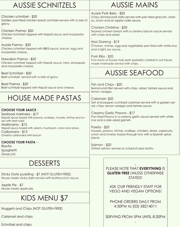 Menu at Aussie Hotel pub & bar, Shepparton