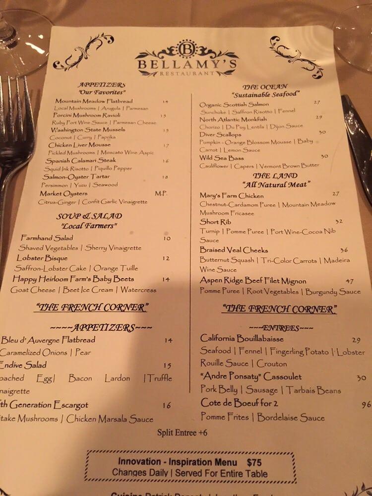 Menu at Bellamy's Restaurant, Escondido