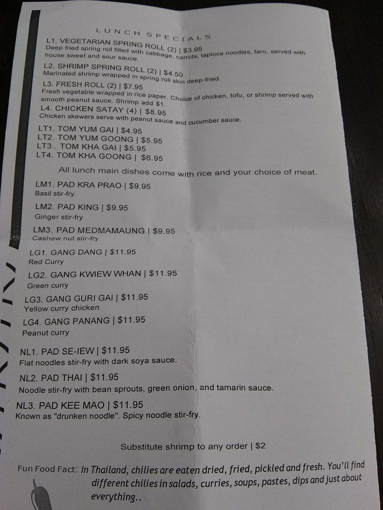 Menu at Chili Thai Takeout restaurant, Ottawa