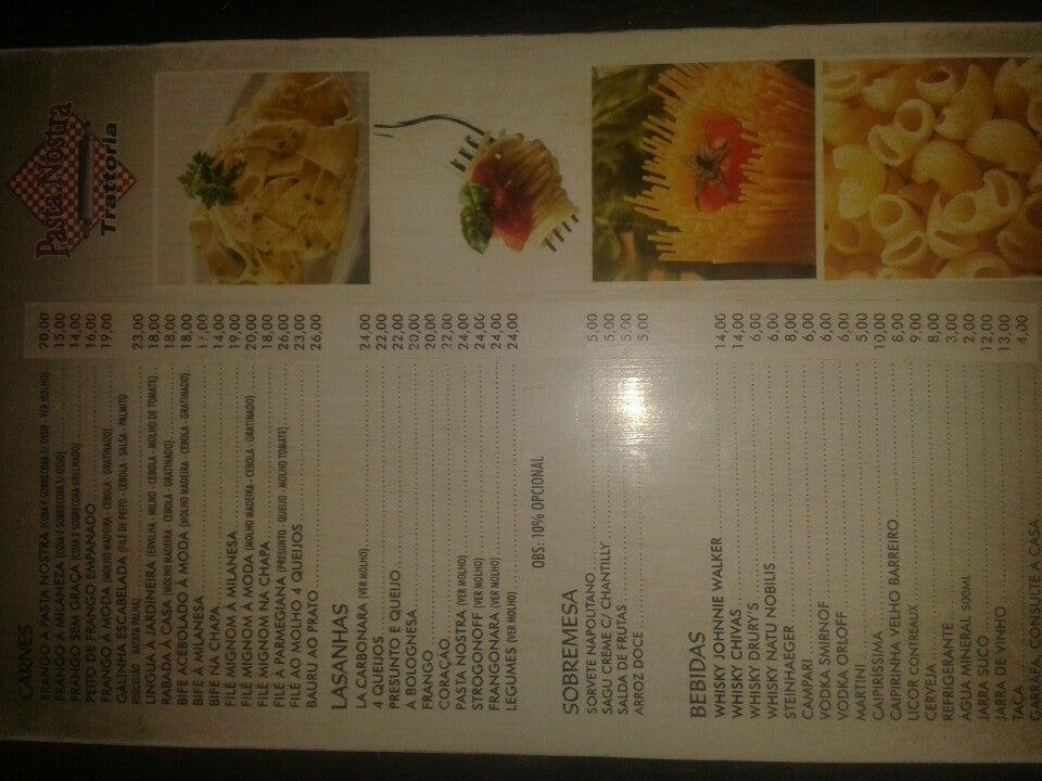 Menu at Pasta Nostra restaurant, São Francisco de Paula